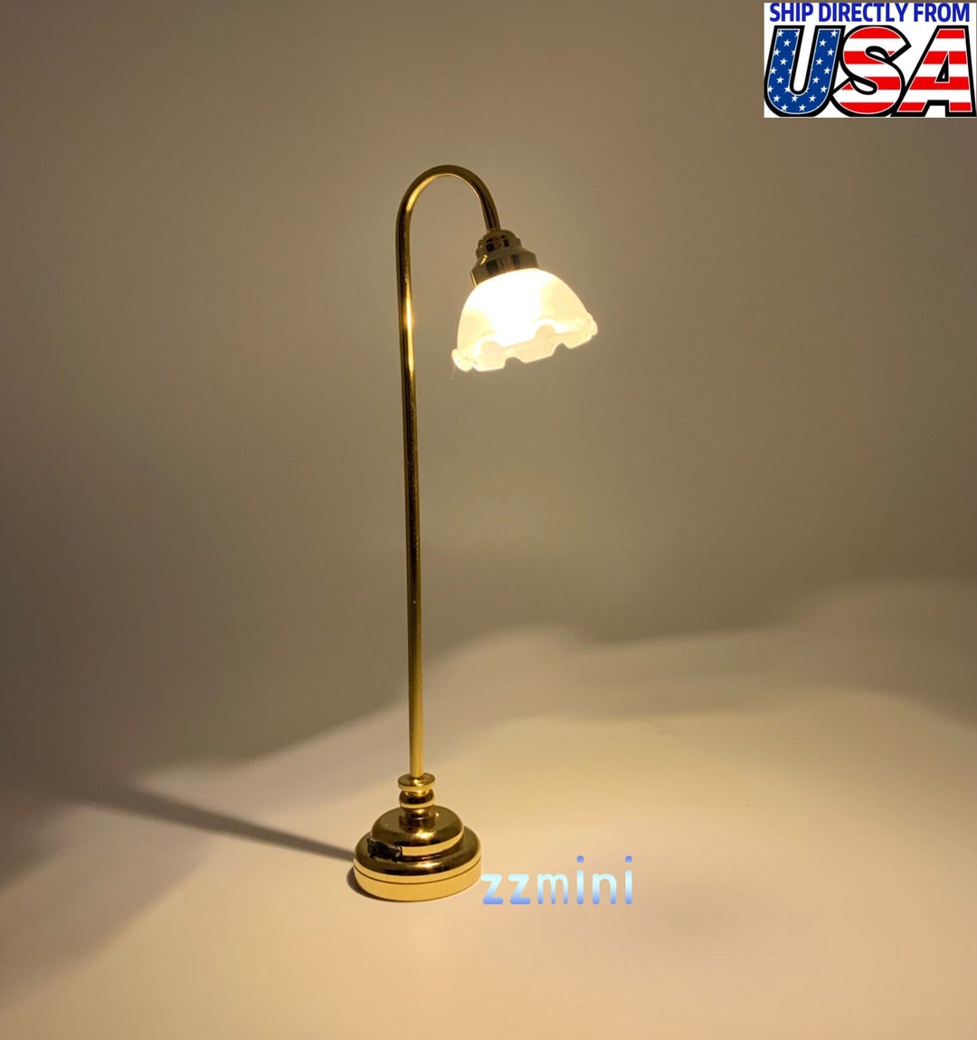 1/12 Dollhouse Miniature Fluted Shade Floor Lamp LED Light Battery Use ...