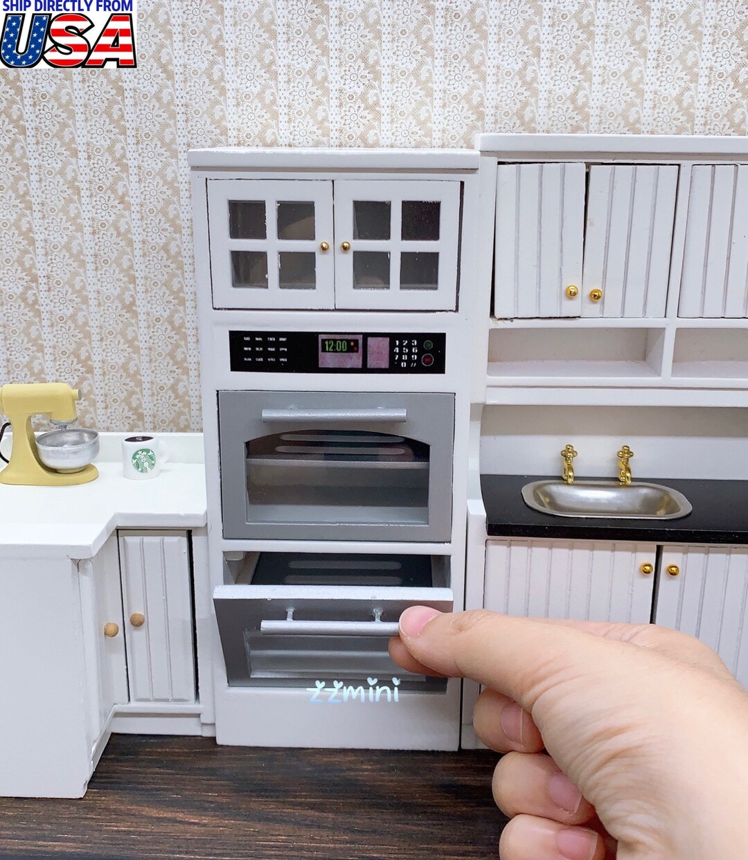 1/12 Dollhouse Miniature White Wooden Microwave Oven Whole Set Cabinet ...