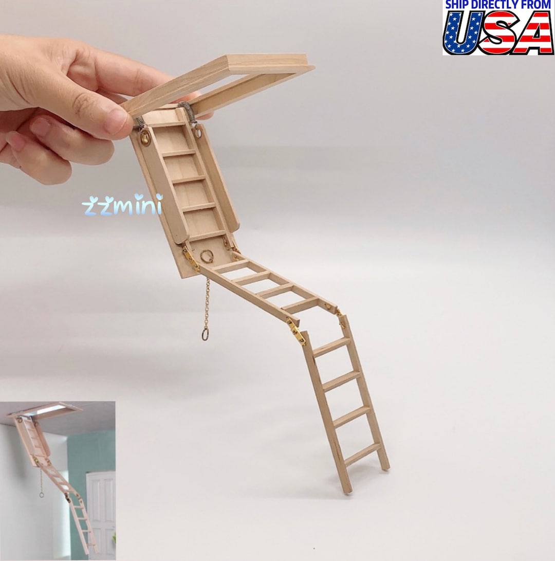 1/12 Dollhouse Miniatures Wood Opening Attic Stair Ceiling Folding ...