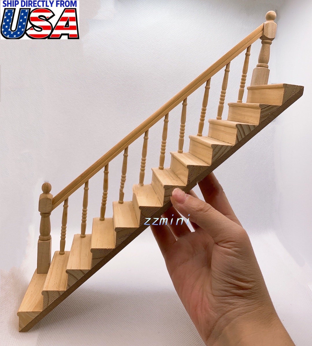 1/12 Dollhouse LEFT Miniature Staircase Straight Handrail Stair Step ...