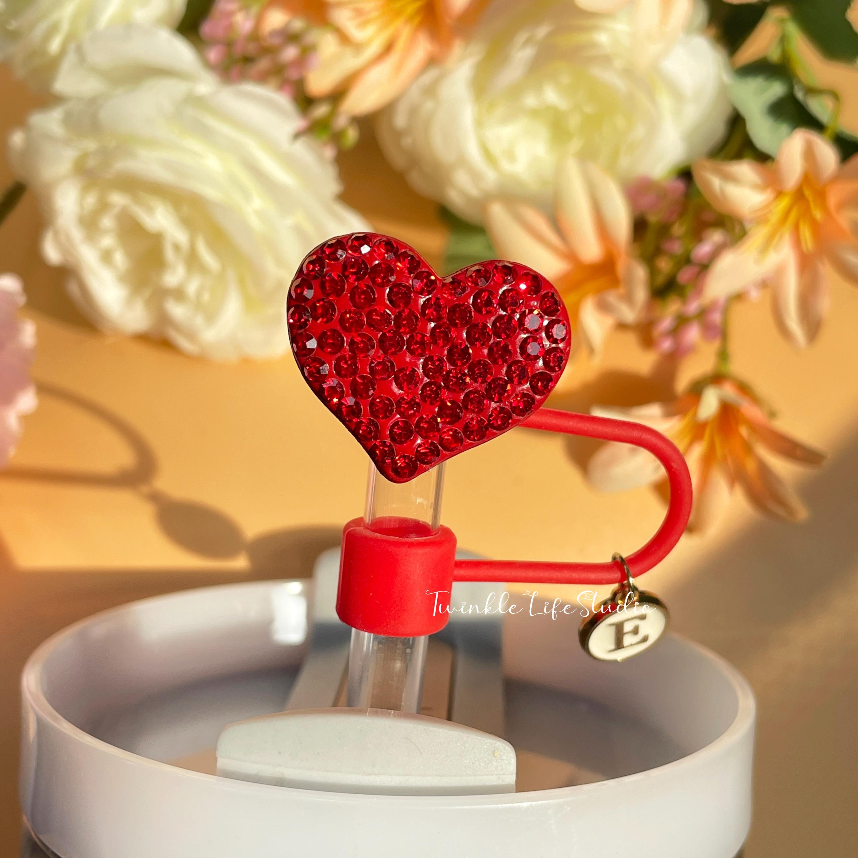 Shiny Red Rhinestone Heart Straw Topper,cute Ruby Hearts Straw Cover ...