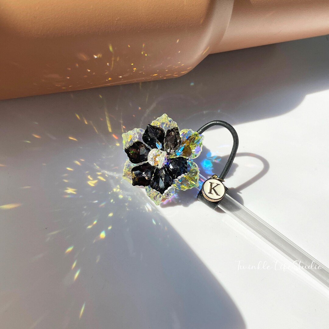 Super Sparkling Colorful Black Crystal Flower Straw Topper,midnight ...