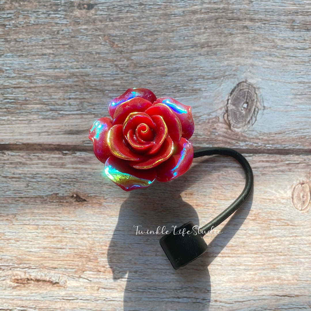 Shiny Red Rose Straw Topper,colorful Laser Resin Flower Straw Cover ...