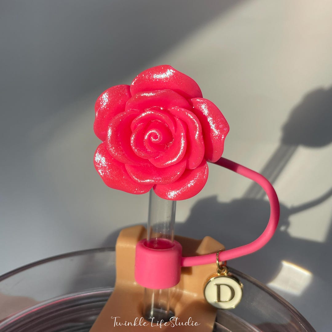 Cute Hot Pink Rose Flower Straw Topper,hot Pink Glossy Rose Straw Cover ...