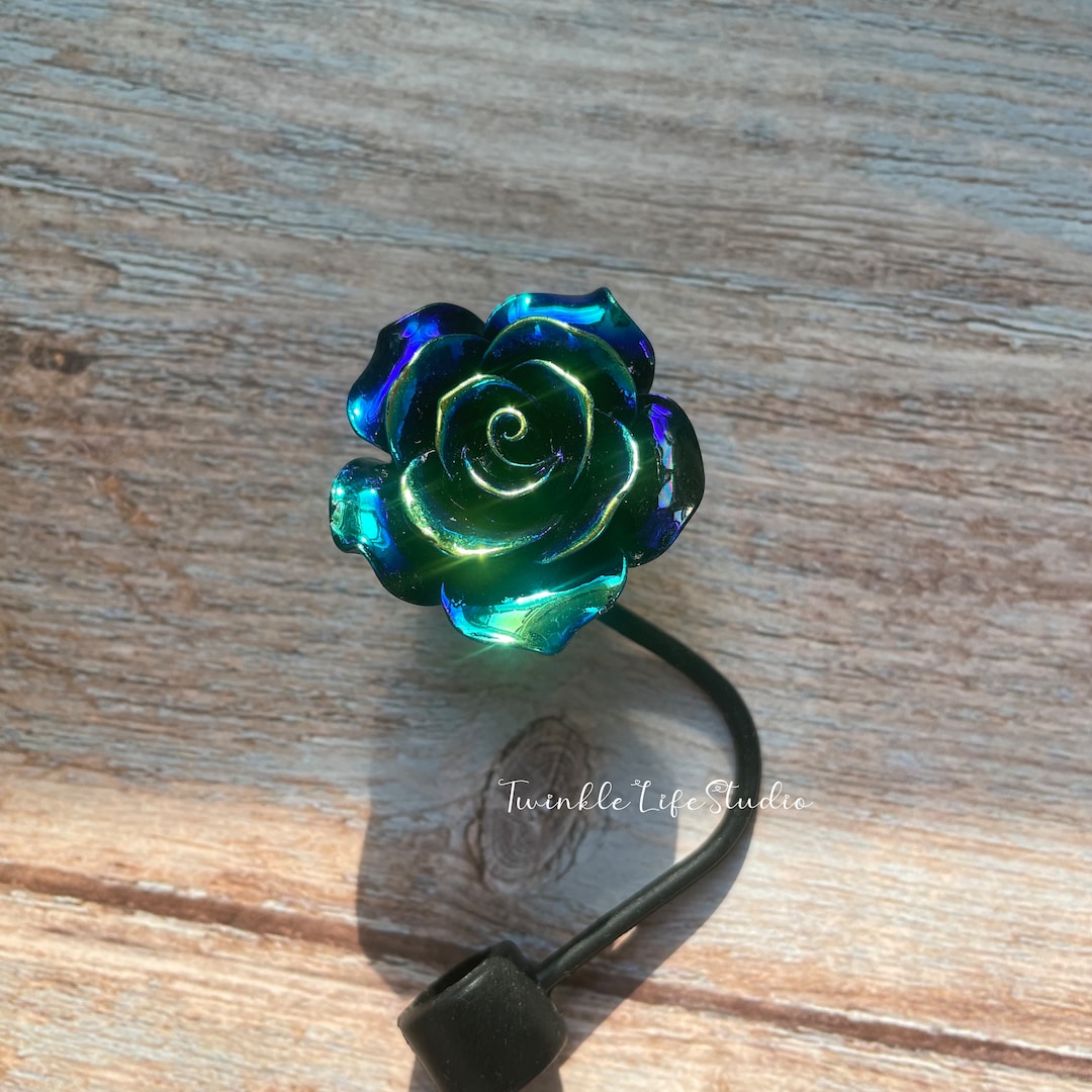 Shining Laser Black Rose Straw Topper,black Resin Rose Flower Straw ...