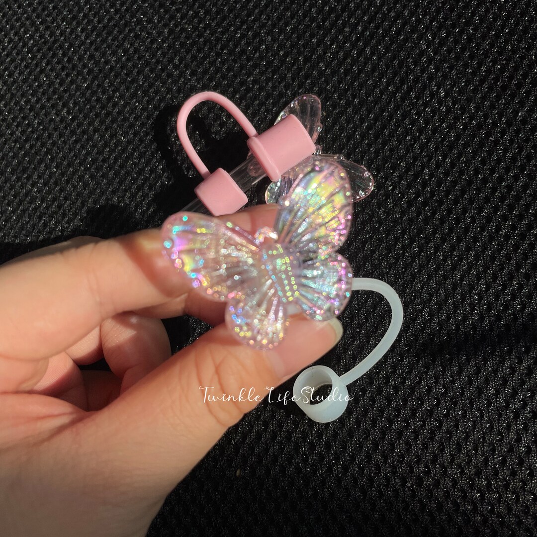 Rainbow Laser Pink Butterfly Straw Topper,fantasy Sparkling Pink Elf ...