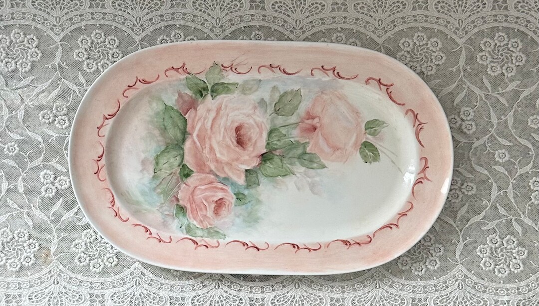 Vintage Hand-painted Pink Rose Vanity Tray - Etsy