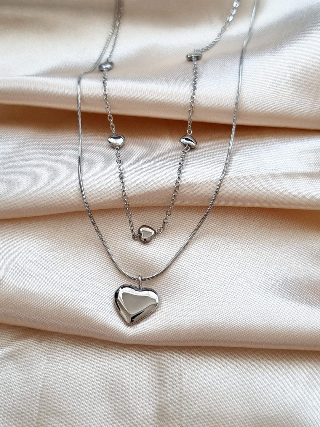 Silver Double Layered Solid Heart Pendant Necklaces | Heart Necklace ...