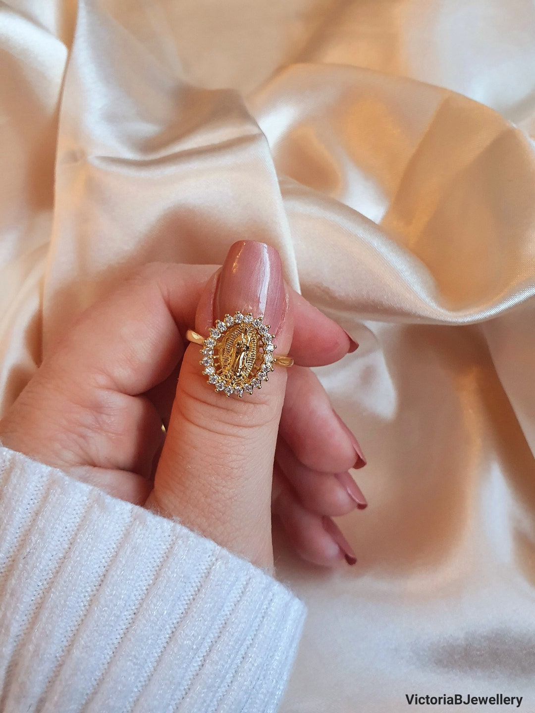 18k Gold Plated Virgin Mary Ring: Cubic Zirconia Adjustable Cuff Ring ...