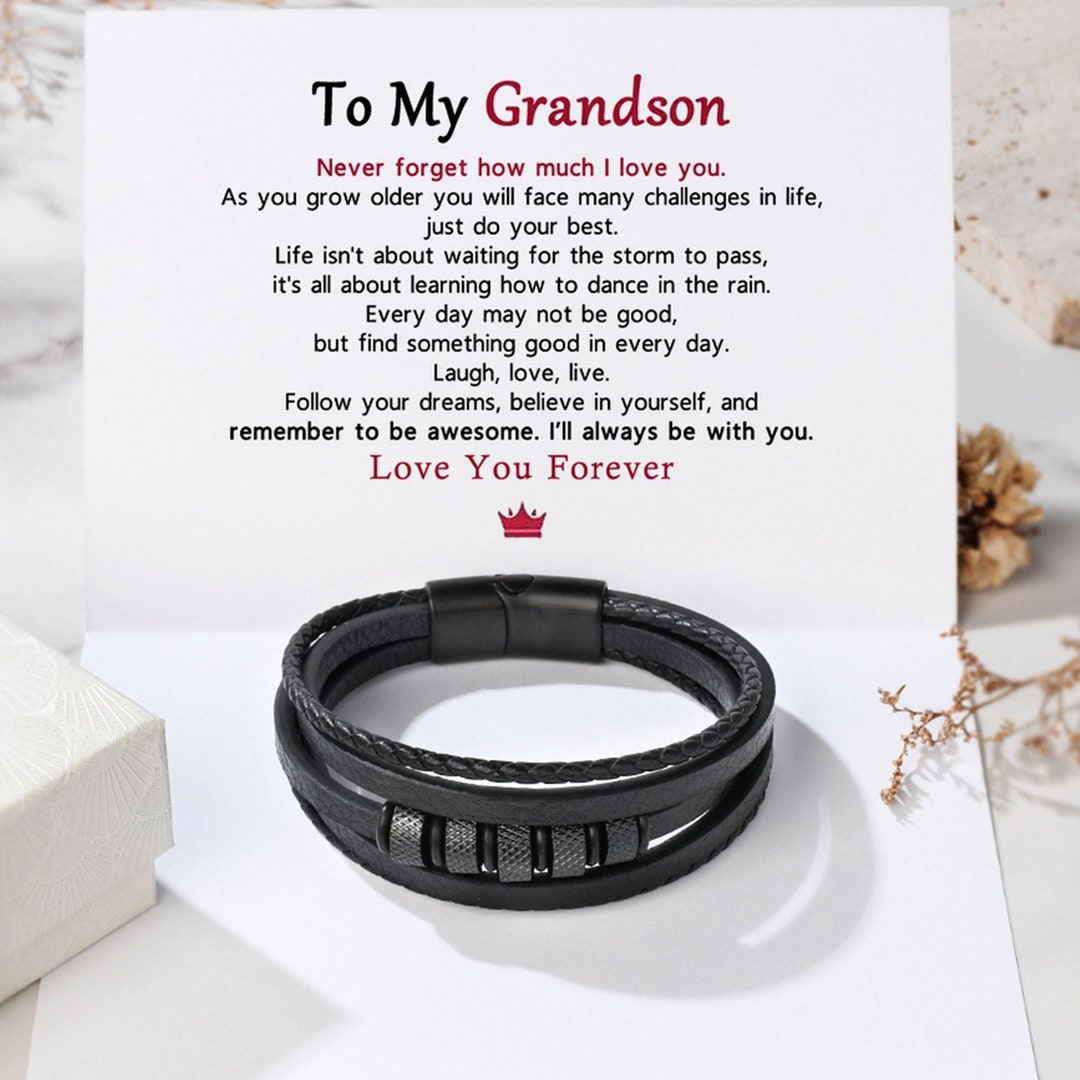 To My Grandson Black Multi-layer Leather Bracelet Men's Bracelet ...
