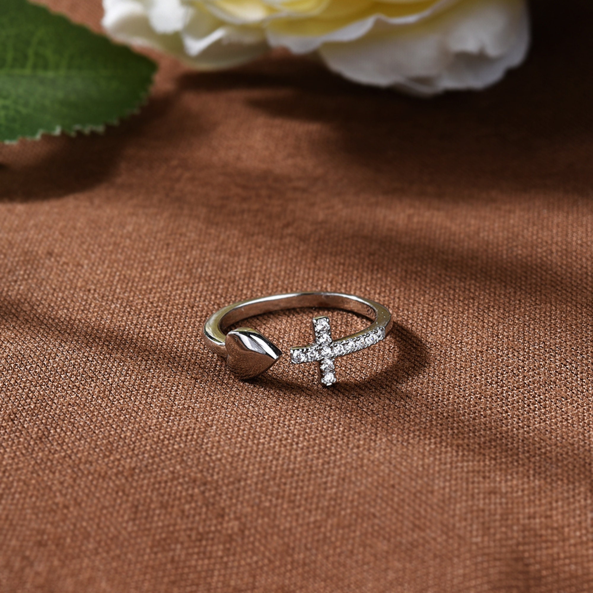 Sterling Silver Heart & Cross Ring Faith Adjustable Ring - Etsy