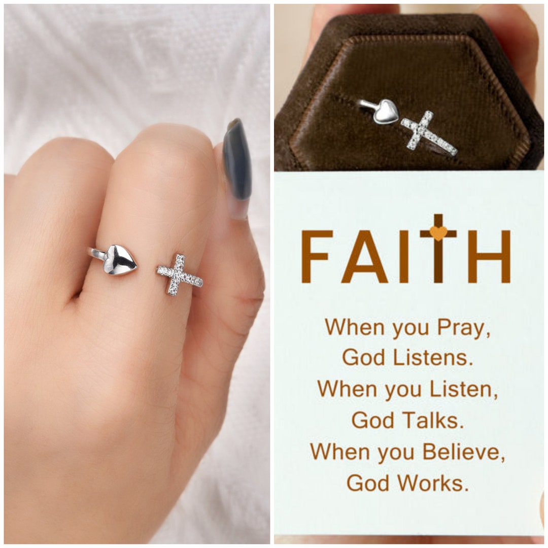 Sterling Silver Heart & Cross Ring Faith Adjustable Ring - Etsy