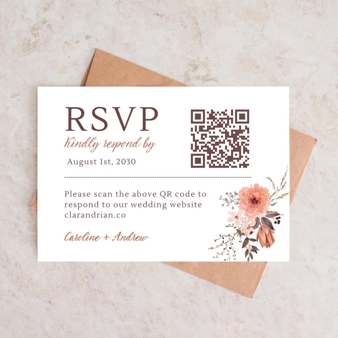 Elegant Floral Wedding RSVP Card Template, Monogram Rsvp With QR Code ...