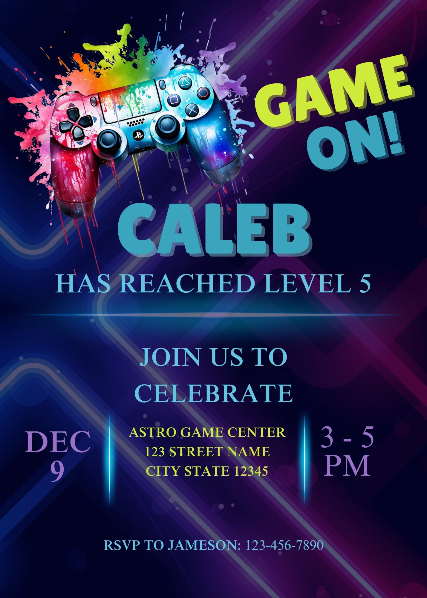 Editable Video Game Birthday Invitation Printable Neon Glow Boy Gamer ...