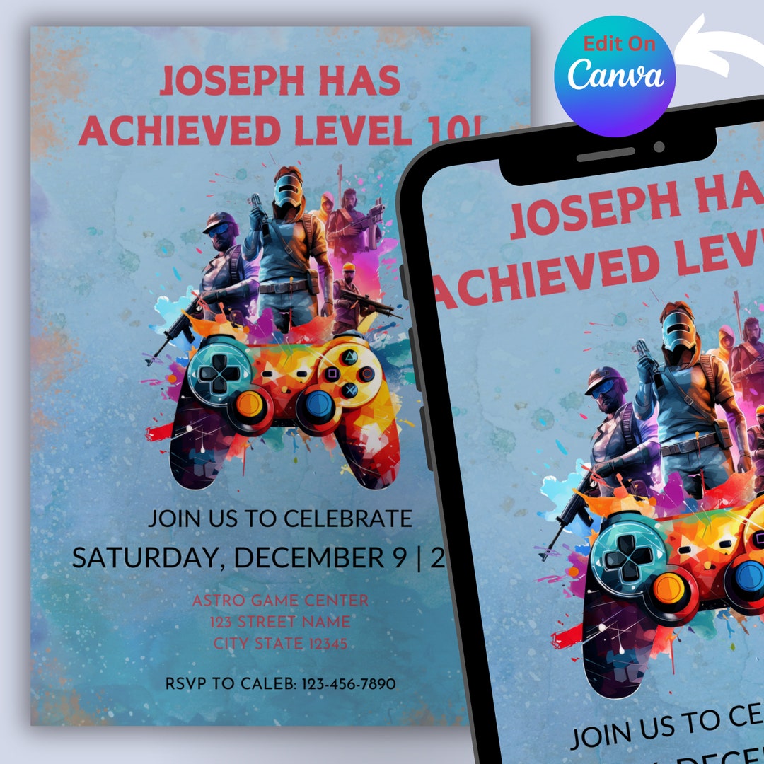Battle Royale Editable Birthday Card Gamers Party Invitation for ...