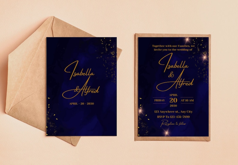 Navy Blue and Blush Gold Wedding Invitation Template Set Wedding Invite Template Dusty Blue Navy ...
