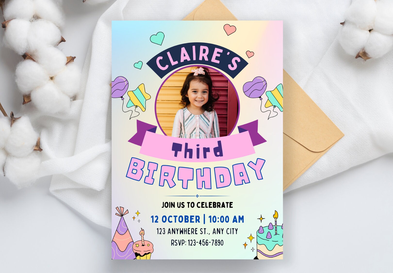 Colorful Magical Birthday Invitation, PHOTO Colorful Pastel Art ...