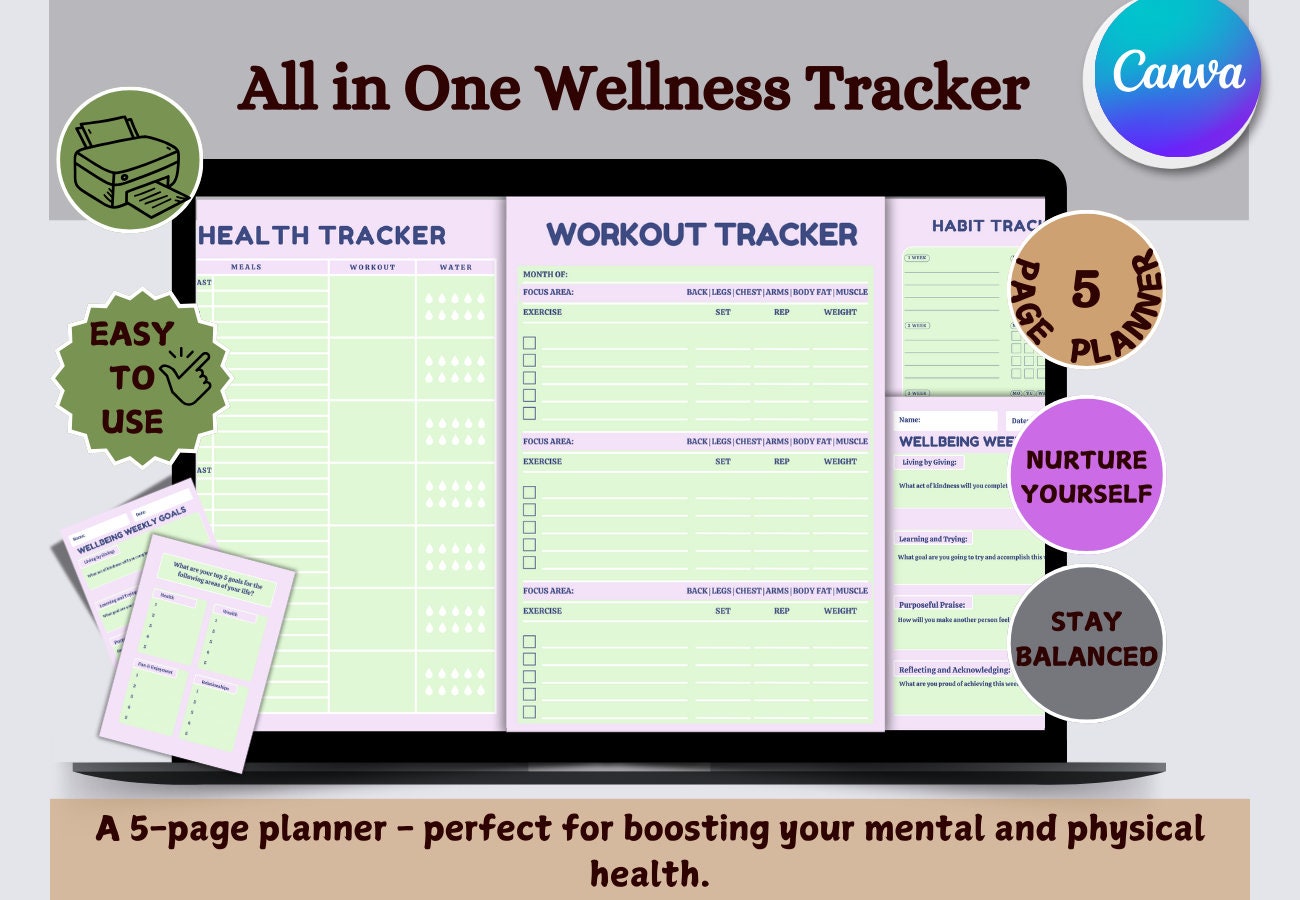 Wellness Tracker, Printable PDF, Digital Download, Health Goals Fitness ...
