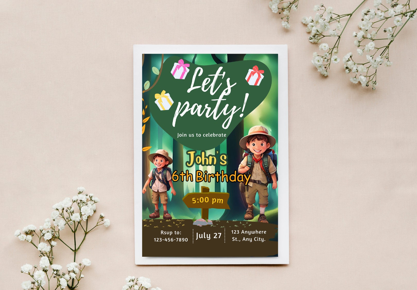 Editable Green Birthday Invitation Let's Party Green Gift Box Invite ...