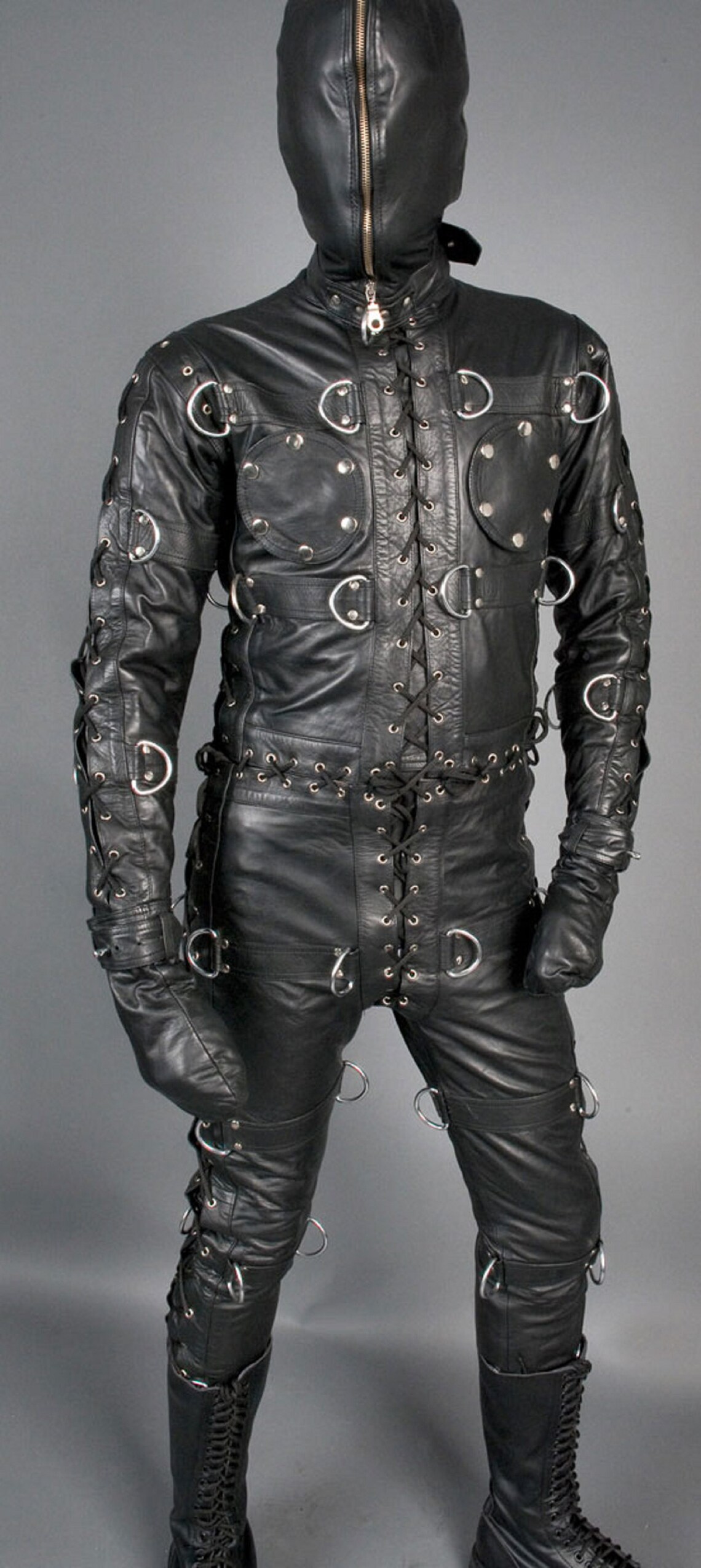 Black Genuine Real Leather Catsuit With Face Mask Theme Party Etsy