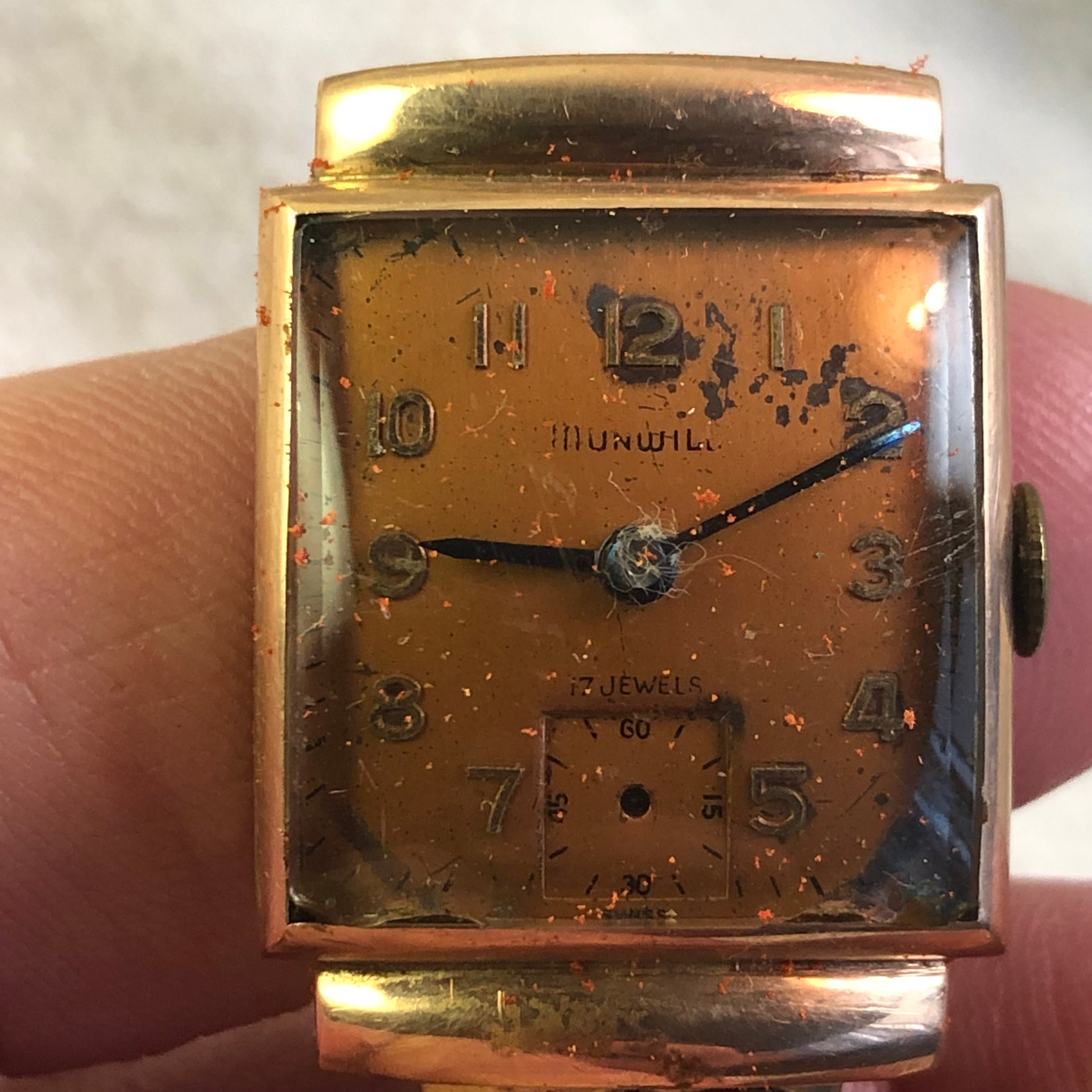 Munwill Antique Mens Wrist Watch 10K Gold Upper Sterling Back Swiss 17 ...