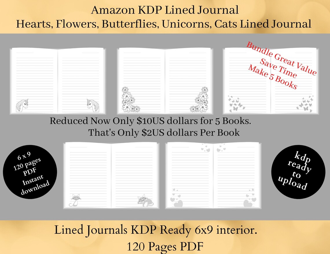 5 Amazon KDP Interior Bundle: Lined Journal 6x9 Inches (with Bleed) 120 ...