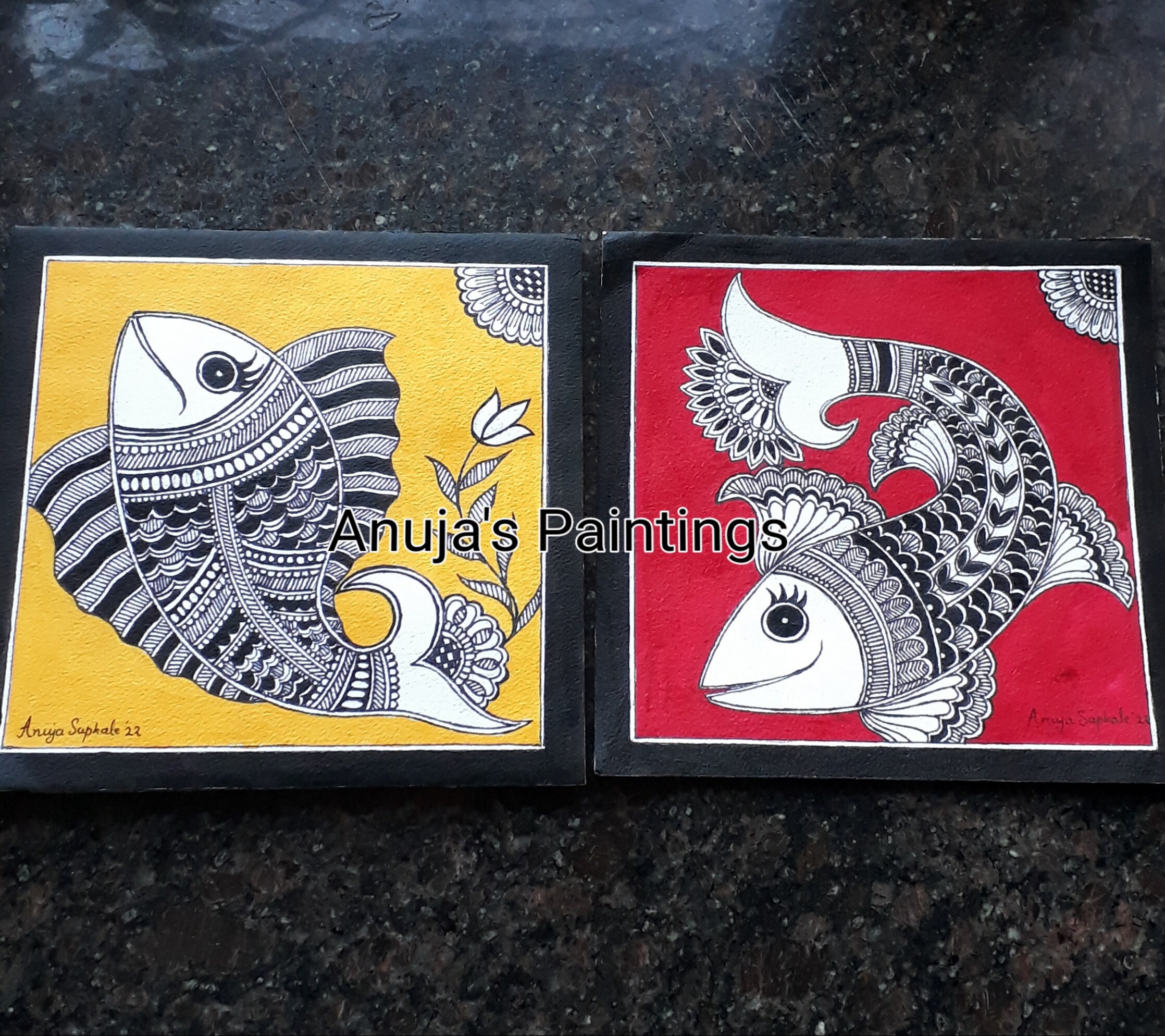 Fish and Birds in Madhubani Style on 100% Handpainted Acrylic on ...