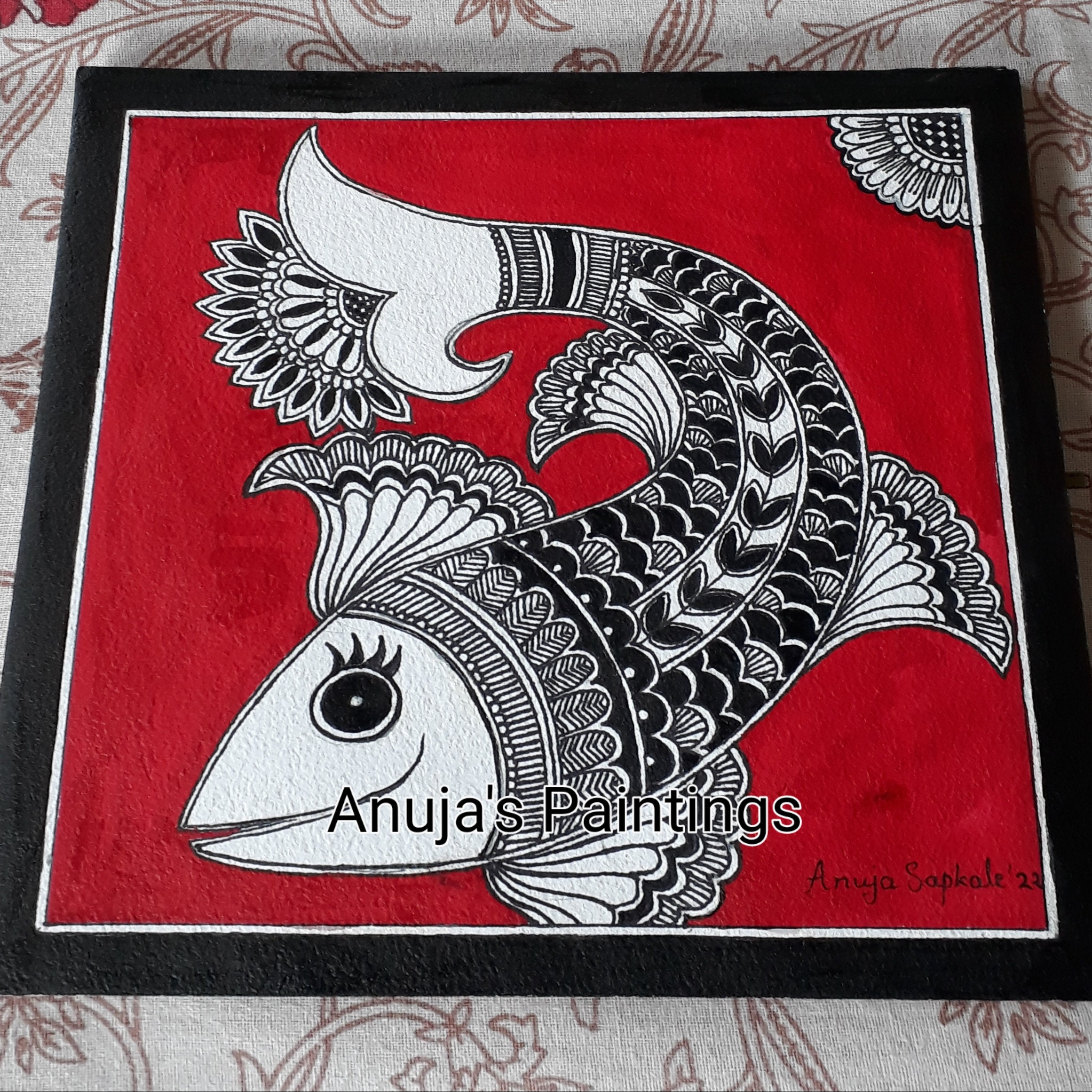 Fish and Birds in Madhubani Style on 100% Handpainted Acrylic - Etsy