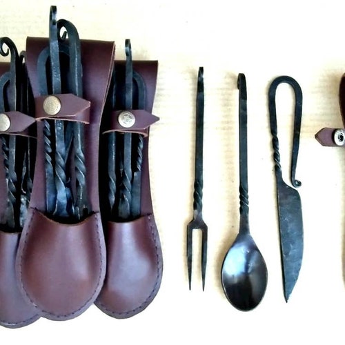 Pack of 5 Hand Forged Medieval Cutlery Set With Brown Leather - Etsy