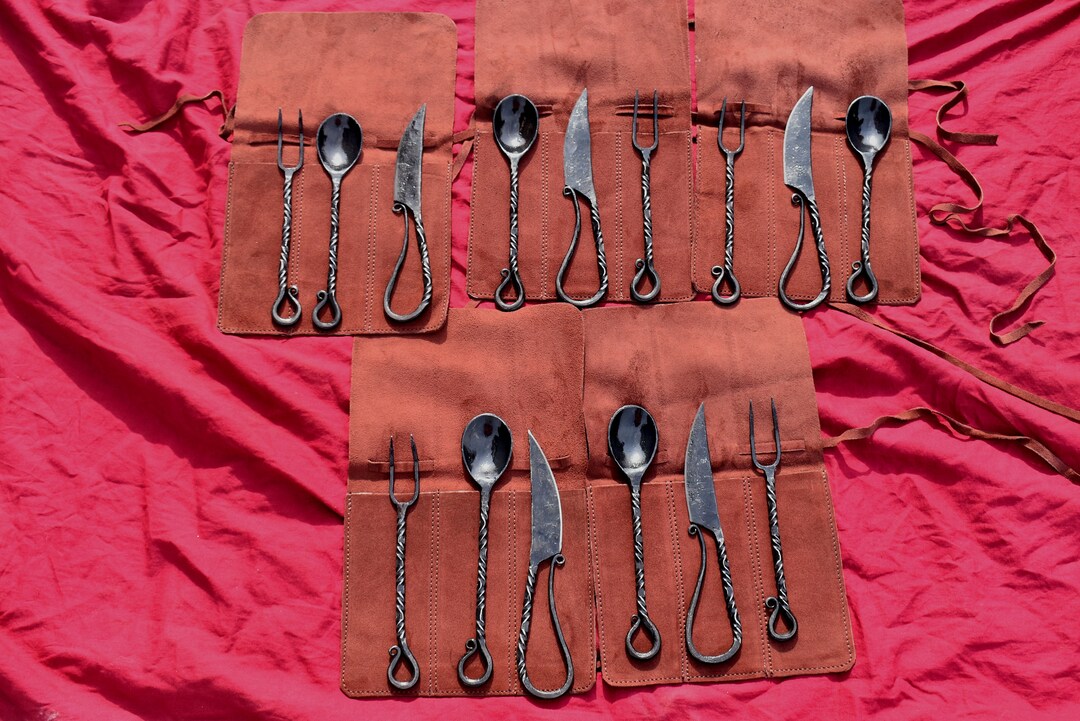 Hand Forged Medieval Cutlery Set With Suede Pouch- Historical Elegance ...