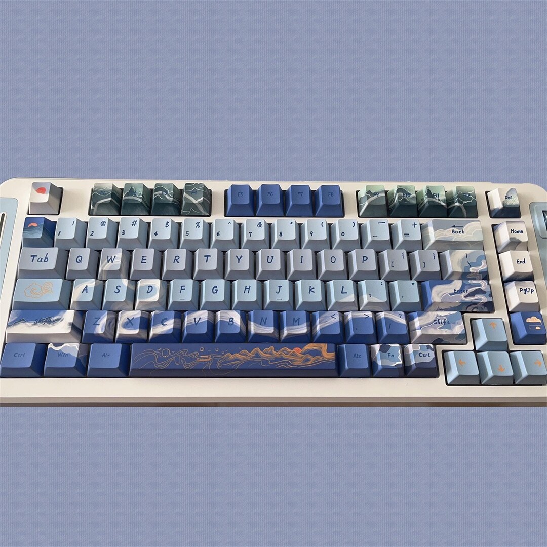 138/158keys Hand-painted Retro Landscape Keycap Set, Blue Keycaps ...
