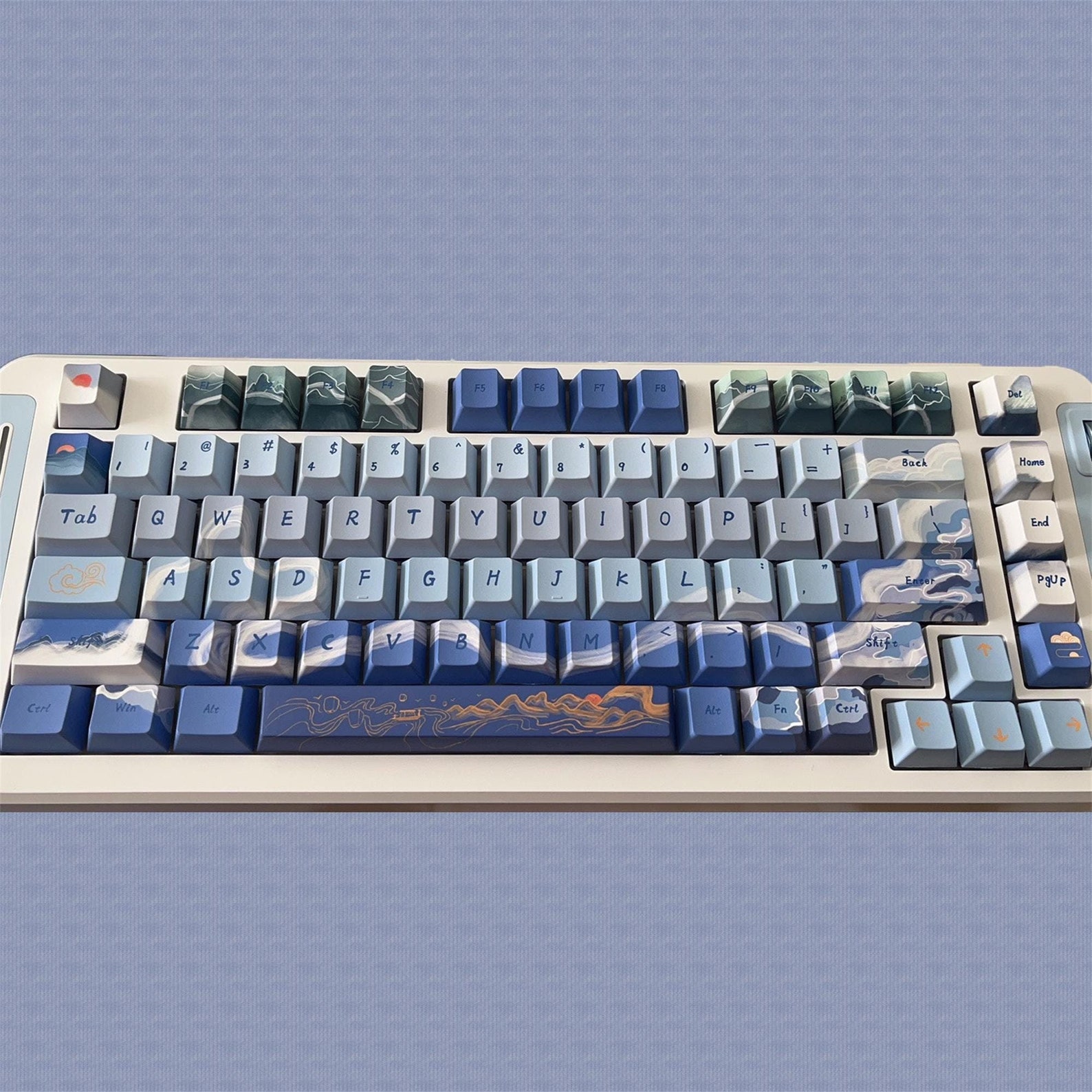 138/158keys Hand-painted Retro Landscape Keycap Set, Blue Keycaps ...