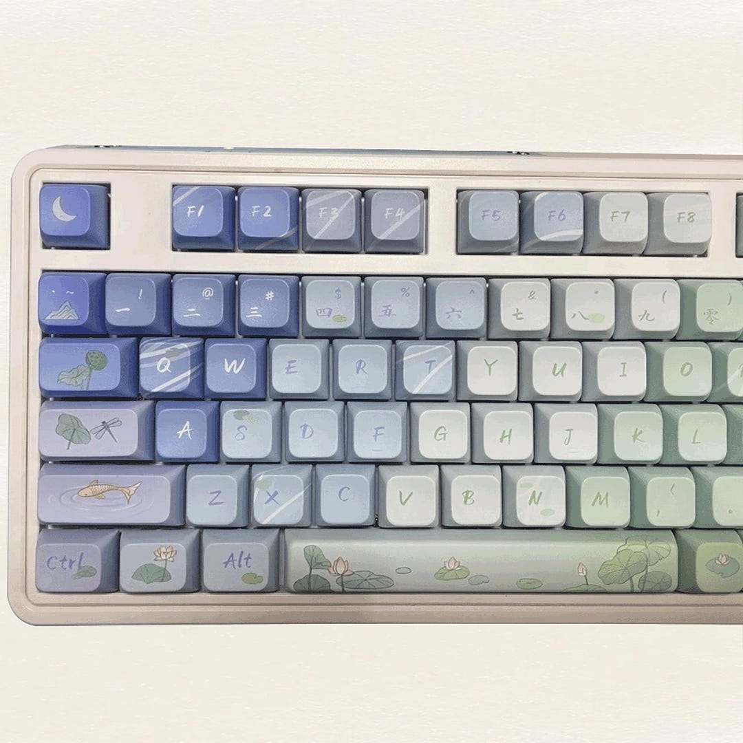 128 Keys Picking Lotus Theme Keycap Set, Green Keycaps, Cherry/xda/moa ...