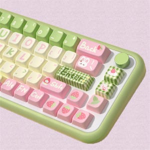 138keys Cute Strawberry Bunny Keycap Set, Green Pink Keycaps, Mda ...