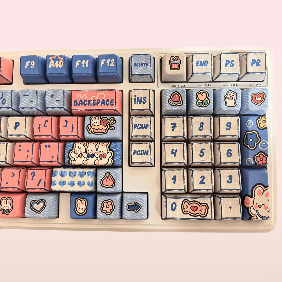 149 Keys Cute Bunny Keycap Set, Hand-drawn Blue Rabbit Keycaps, Cherry ...