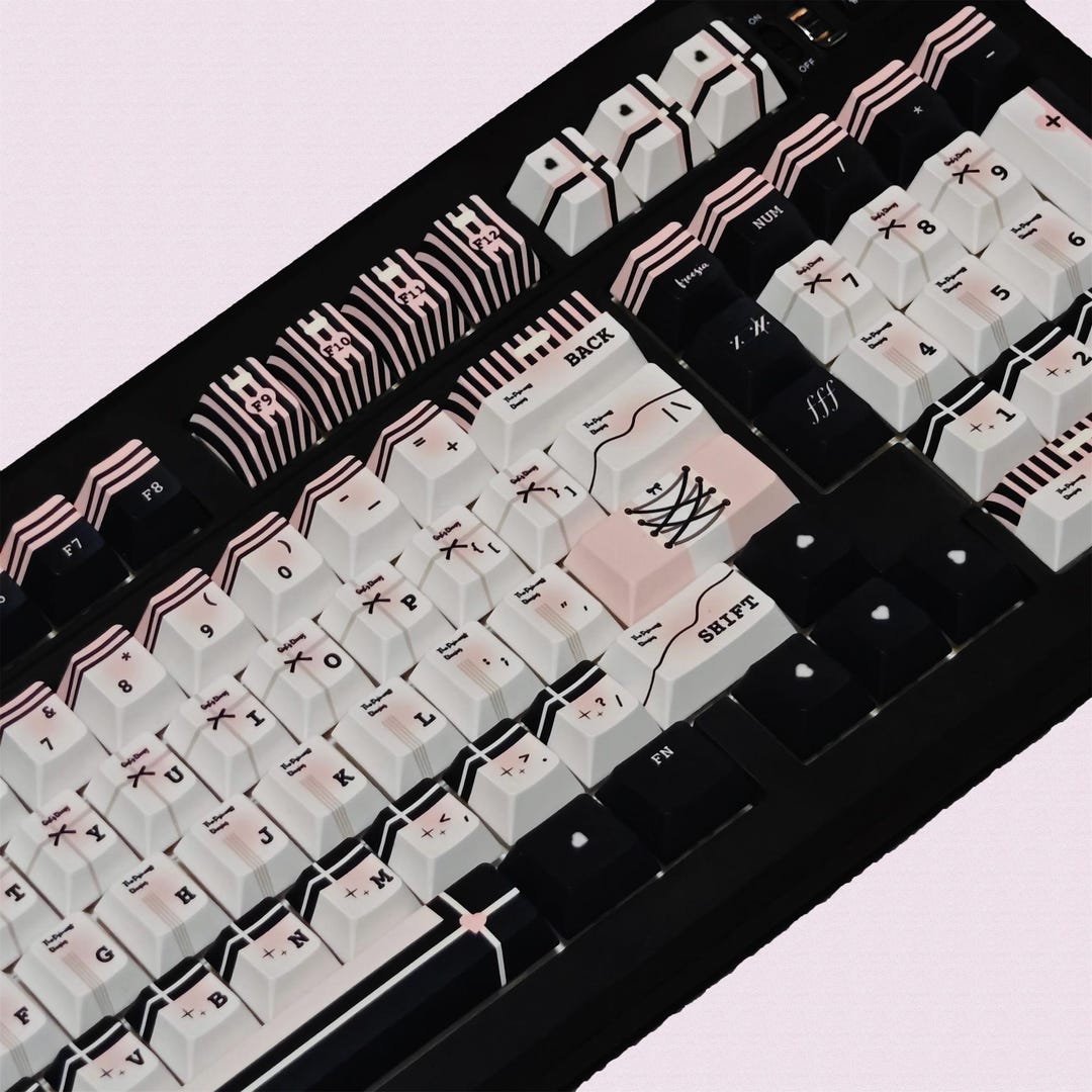 131keys Black Pink Striped Bow Keycap Set, Pink Lolita Princess Keycaps ...
