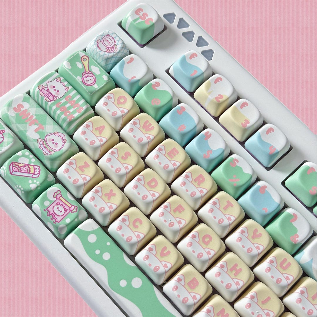 128keys Cute Strawberry Cat Keycap Set, Green Keycap Set, MOA Profile ...
