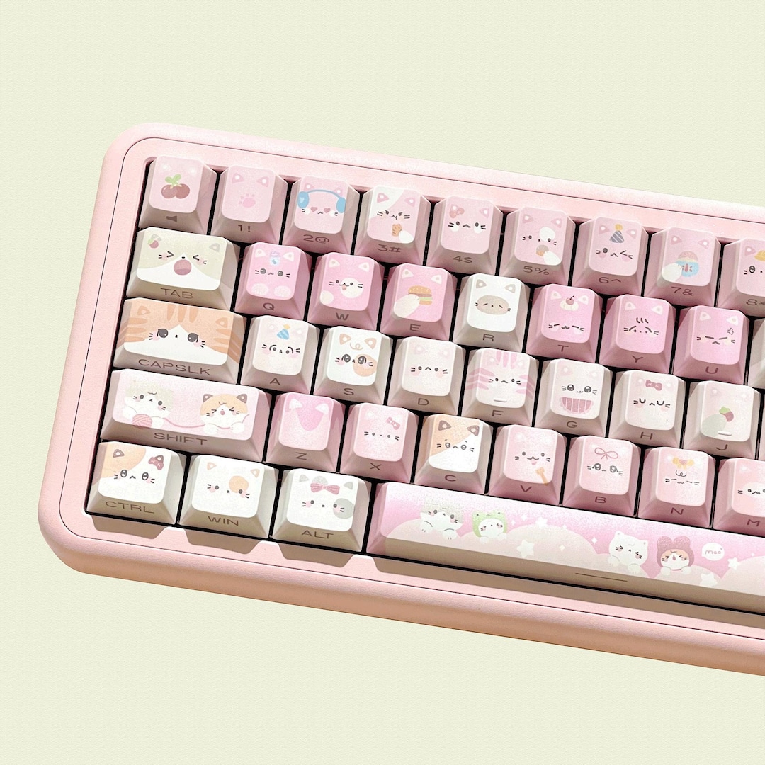 135keys Kawaii Cat Keycap Set, Pink Keycaps, Cherry Profile Keycaps ...