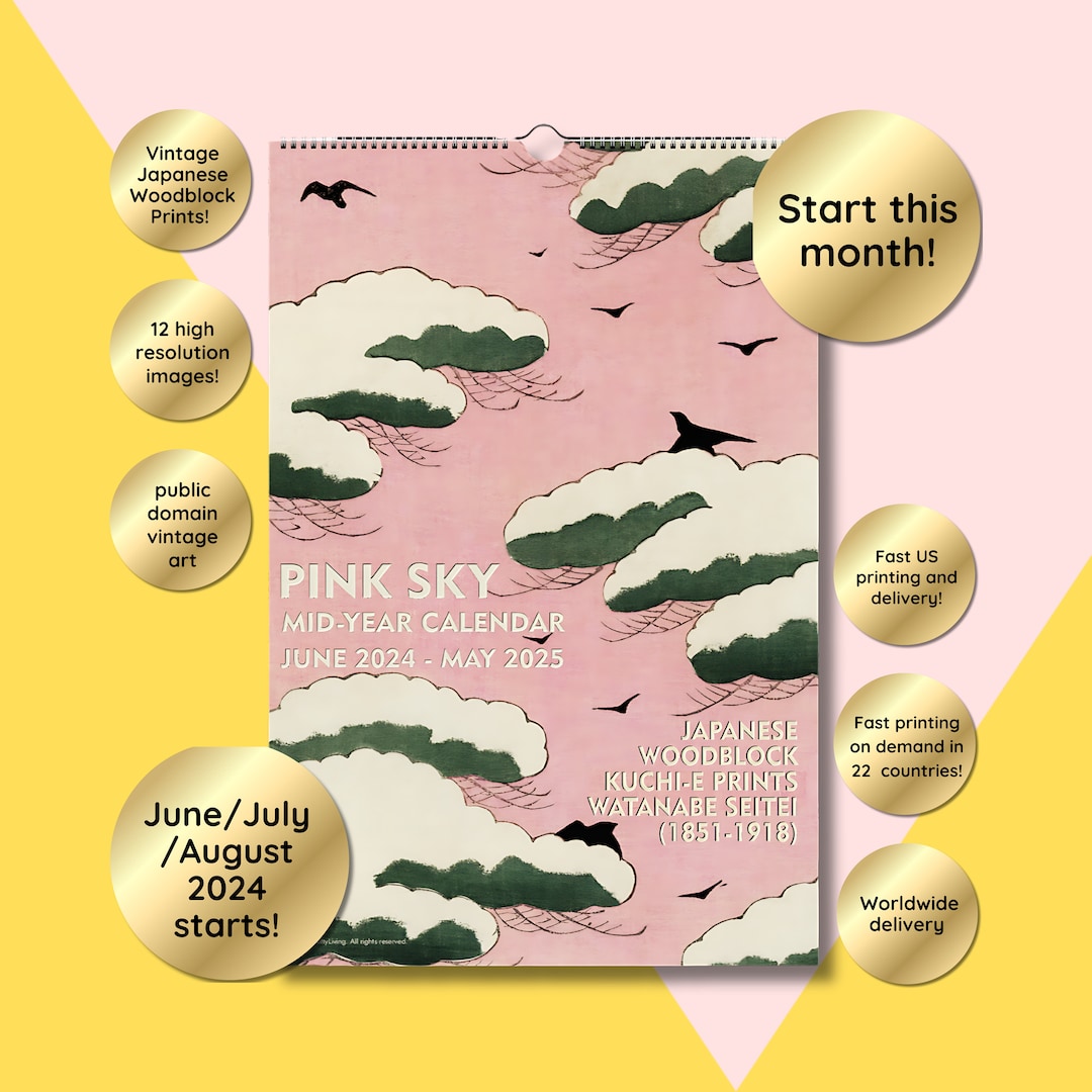 2024-2025 Pink Sky Mid-year Calendar, Vintage Japanese Woodblock Art ...