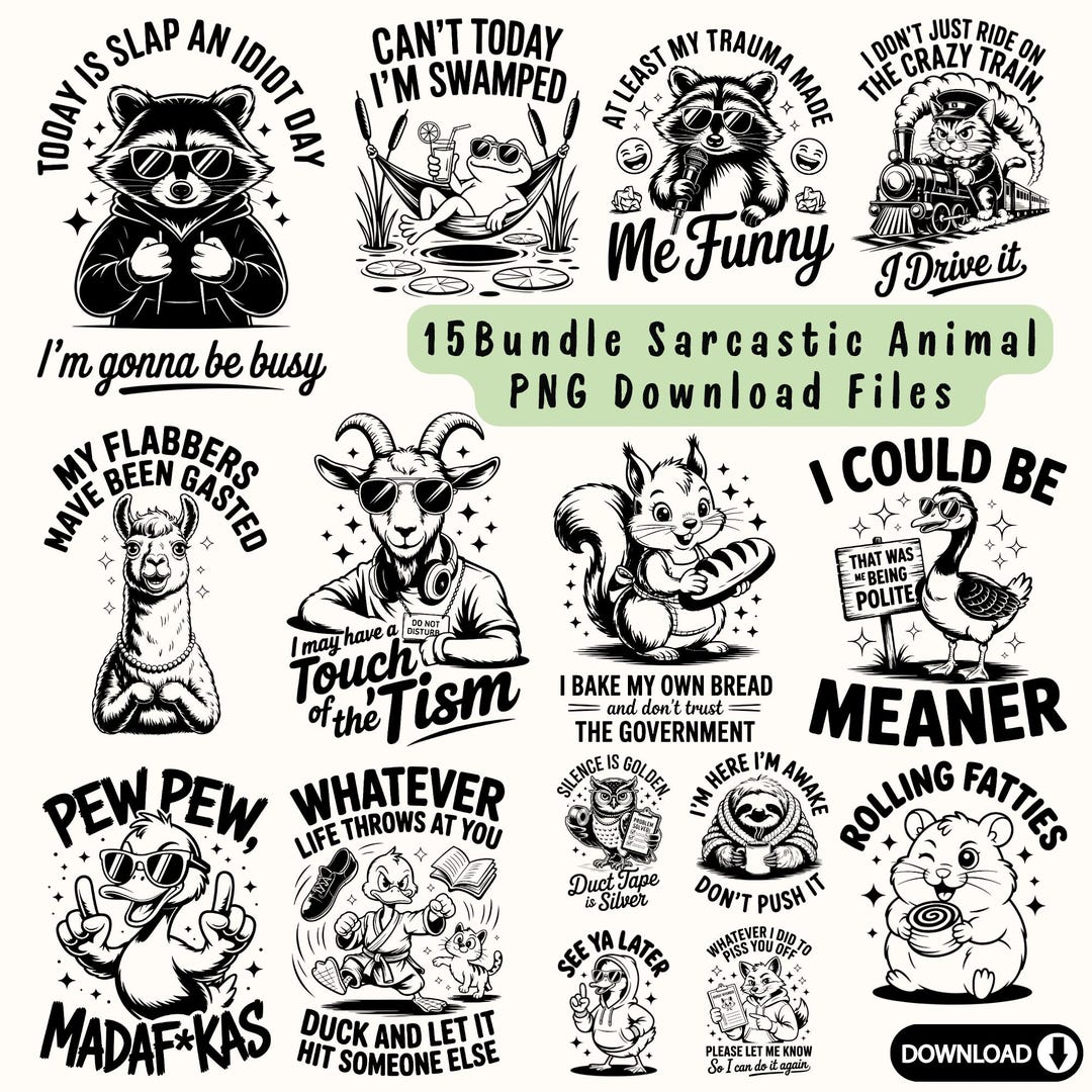 Sarcastic Animal SVG PNG Bundle: Funny Raccoon & Cat Quotes (digital ...