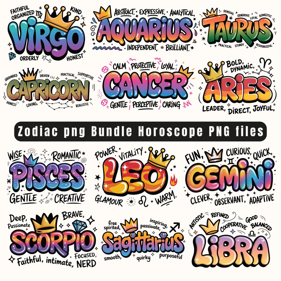 Zodiac PNG Bundle: Astrology Clipart, Celestial Star Signs (digital ...