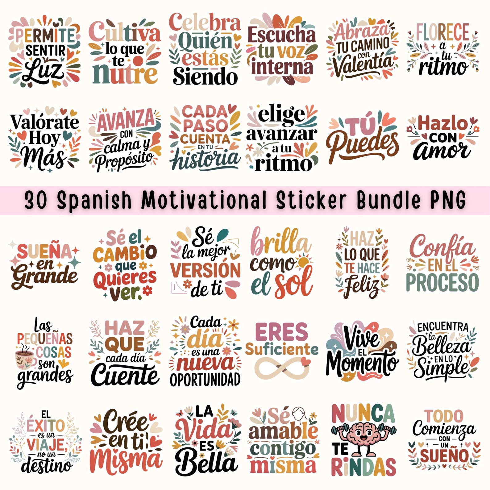 30 Spanish Motivational Sticker Bundle: Inspirational Frases (digital ...