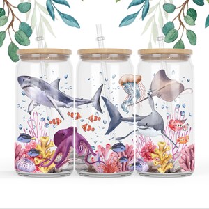 2 Designs 16 Oz Libbey Beer Glass Can Shark Glass Can Wrap Ocean ...
