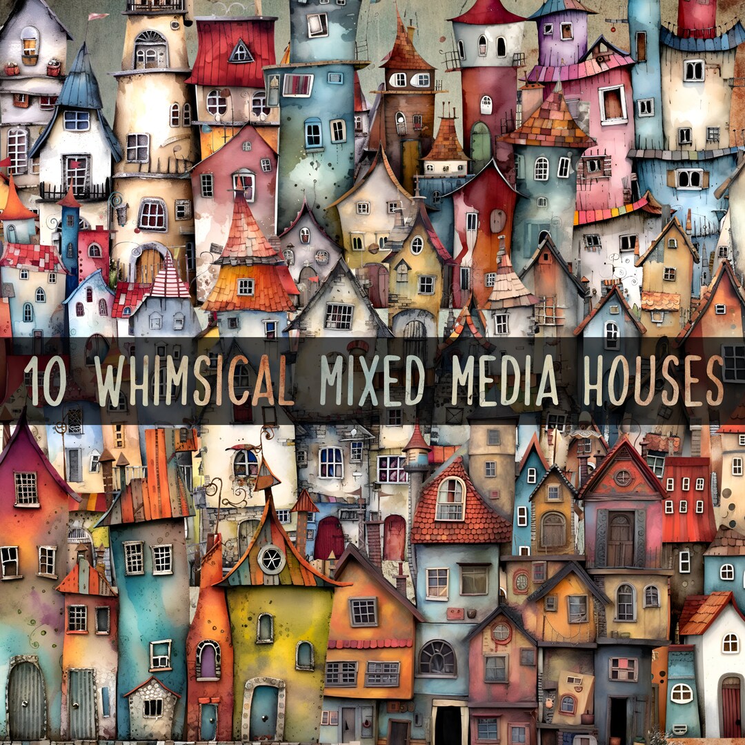 Whimsical Mixed Media Houses Clipart: DIY Decor Graphics (PNG Digital ...