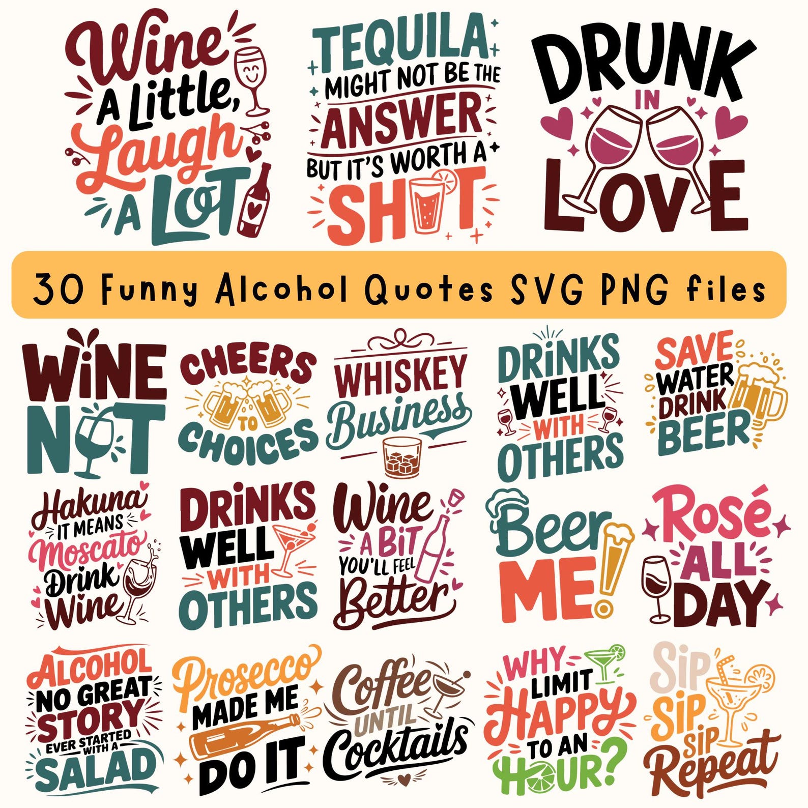 Funny Alcohol Quotes Bundle: Drinking Humor Clipart (PNG SVG Digital ...