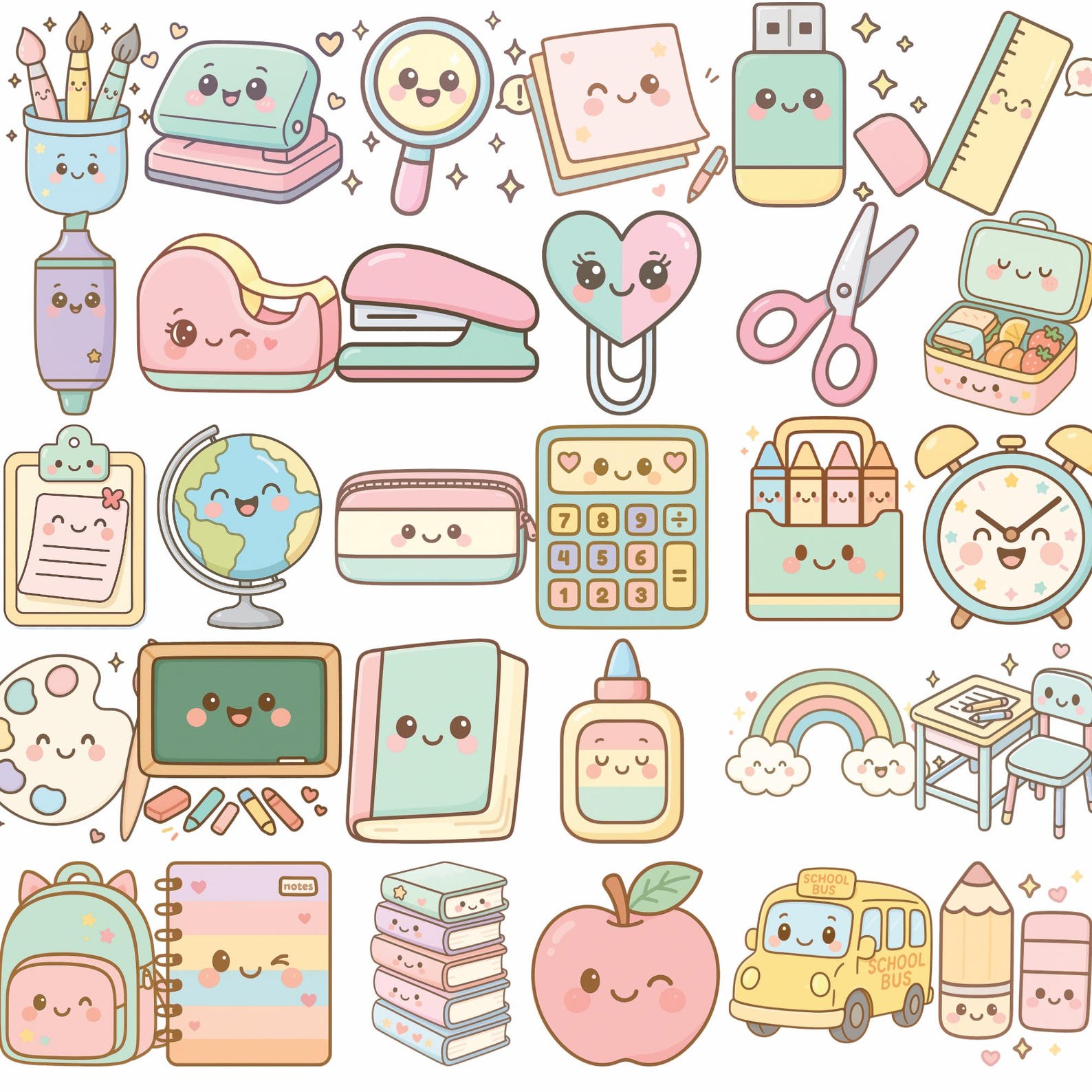 30 Kawaii School Supply Clipart Pastel Pngs ( Digital Download) - Etsy