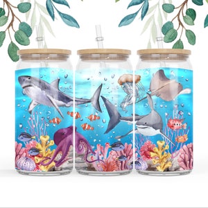 2 Designs 16 Oz Libbey Beer Glass Can Shark Glass Can Wrap Ocean ...