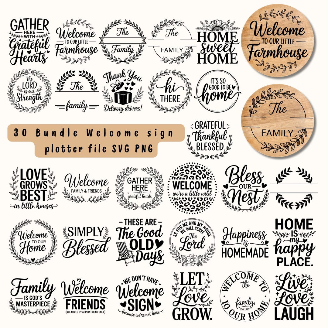 Welcome Sign SVG Bundle: 30 Round Door Hanger Designs (digital Download ...