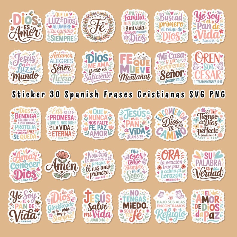 Spanish Bible Verse Stickers: Christian Floral Quotes PNG (digital ...