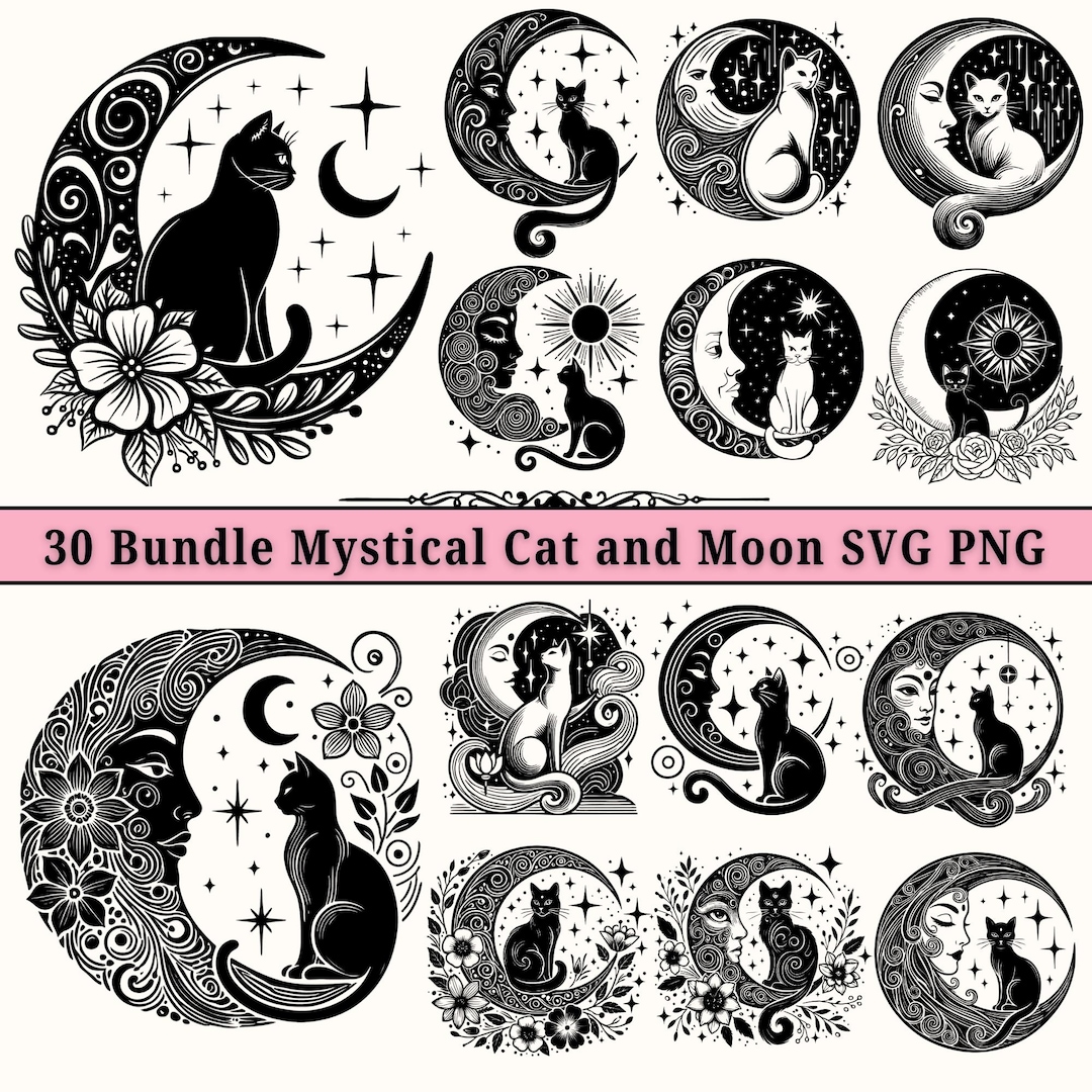 Mystical Cat SVG Bundle: Witchy Moon Clipart (30 Files, Instant ...